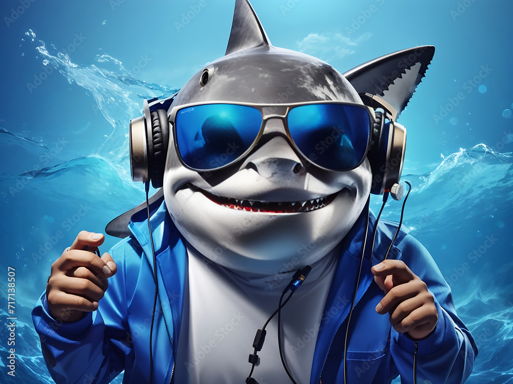 Music DJ shark with sunglasses and headphones listening to songs- Blue ...