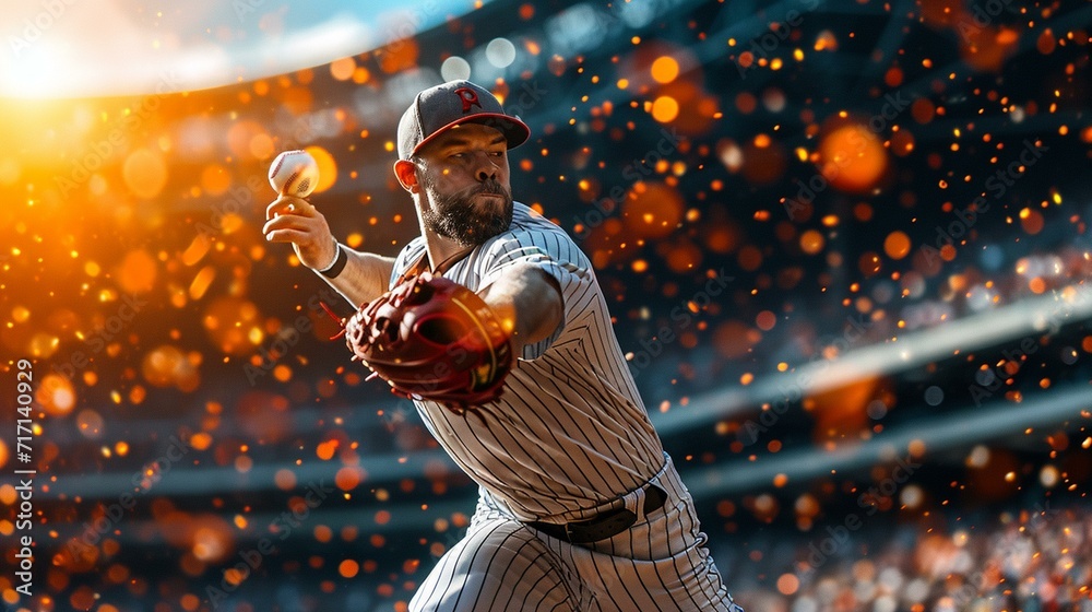 Dynamic action shot of a pitcher throwing a powerful fastball with a ...