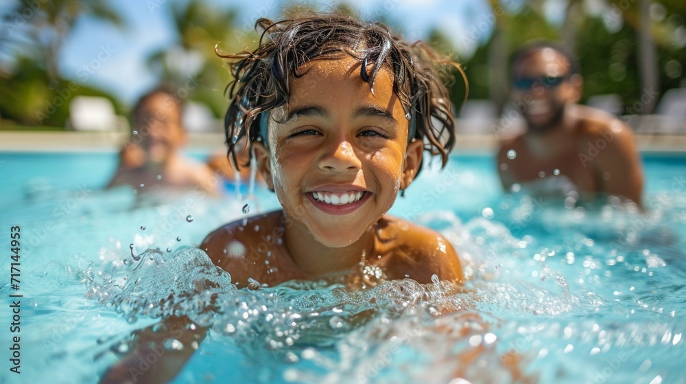 A family having a fun pool day, with kids splashing around and parents ...