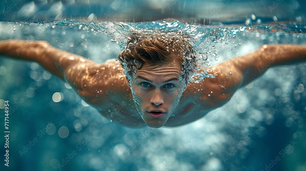 Professional swimmer in mid-air dive, captured in a dynamic and ...