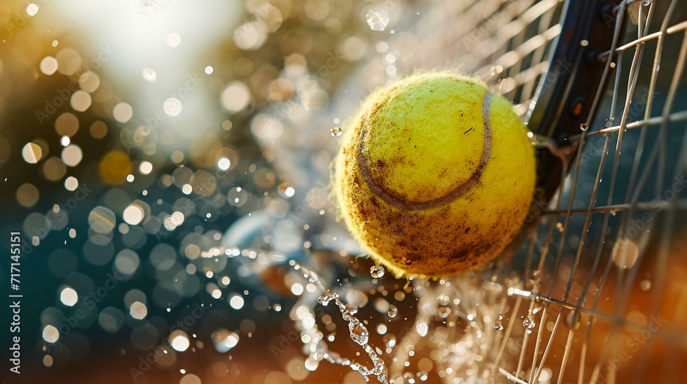 Close-up of a tennis ball hitting the strings of a racket during a ...