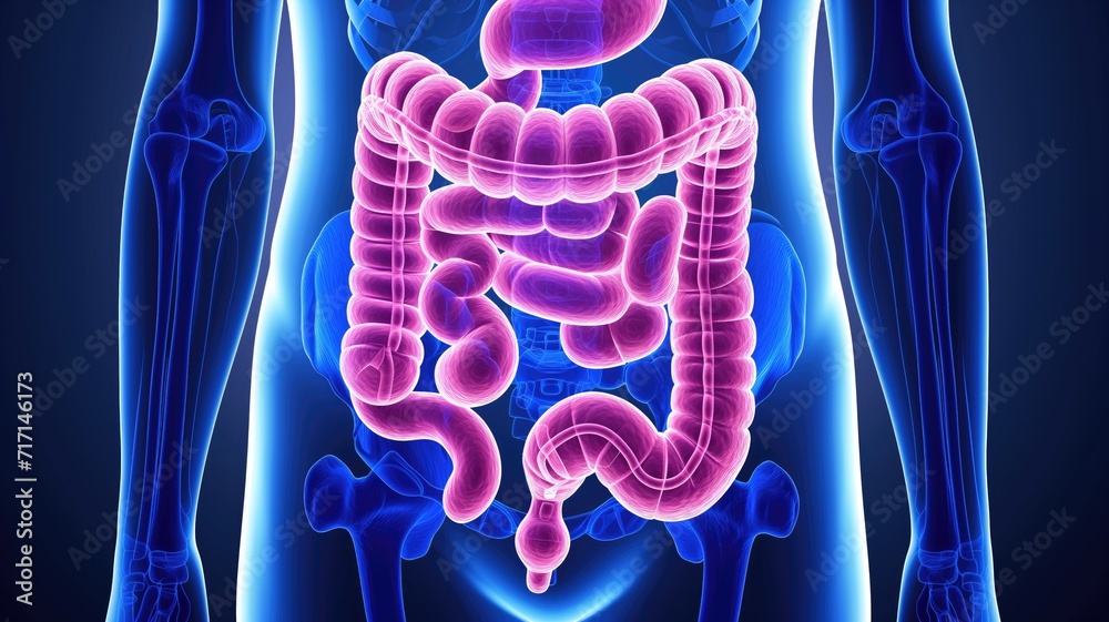 3D illustration of the human digestive system highlighted within a body ...
