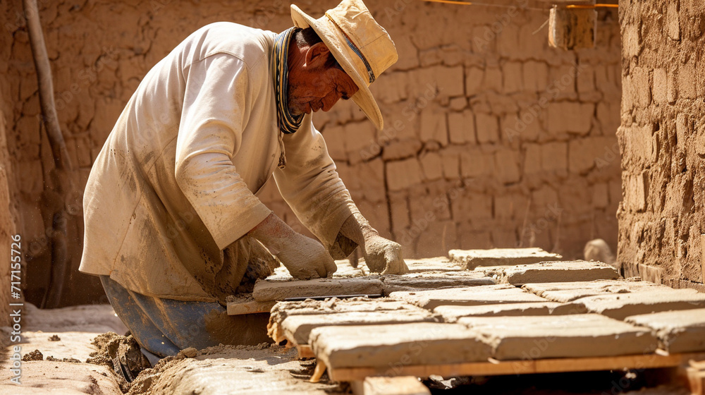 An adobe worker shaping mud into traditional adobe bricks under the ...