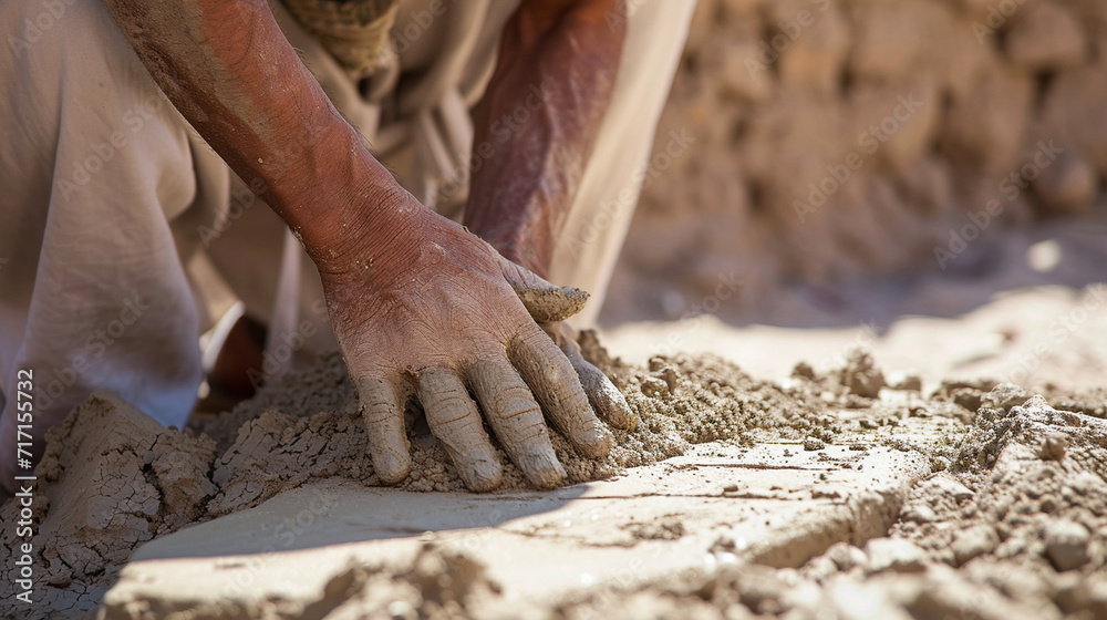 An adobe worker shaping mud into traditional adobe bricks under the ...