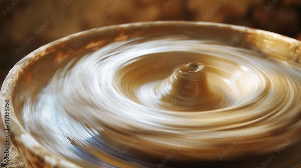 A potter's wheel in motion, creating elegant forms from clay, with the ...