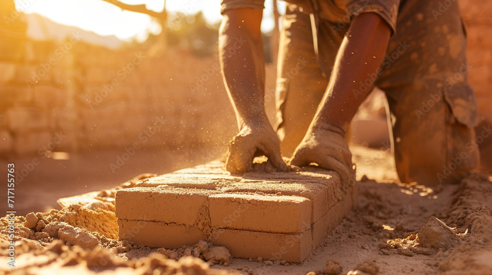 An adobe worker shaping mud into traditional adobe bricks under the ...