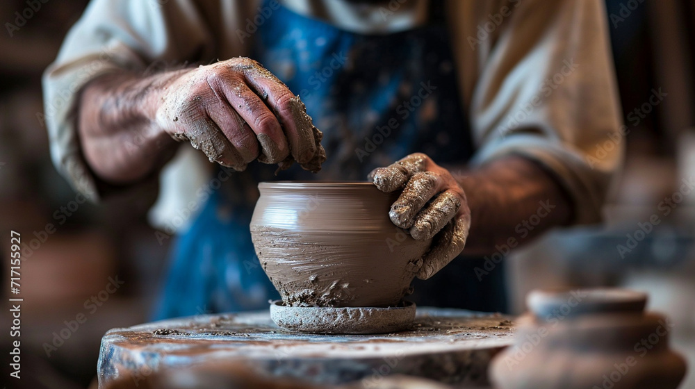 A potter at the finishing stage, carefully smoothing and polishing the ...