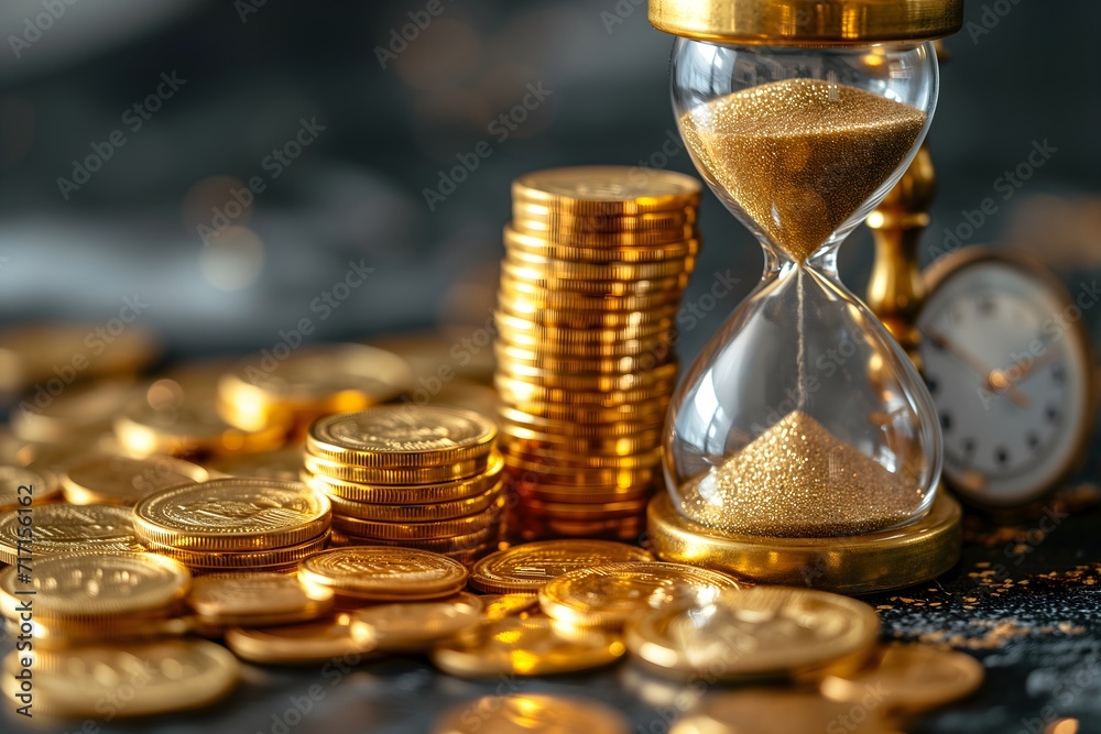 Timeless wealth: Golden coins meet an hourglass clock, a powerful ...