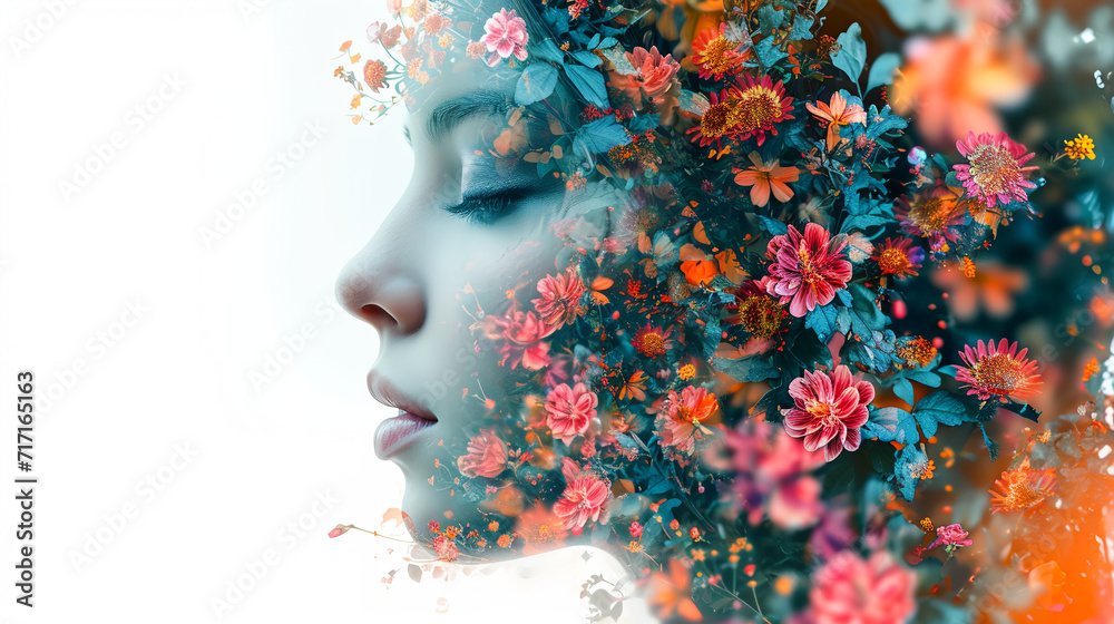 Side profile female face and a colorful bouquet of flowers, double ...