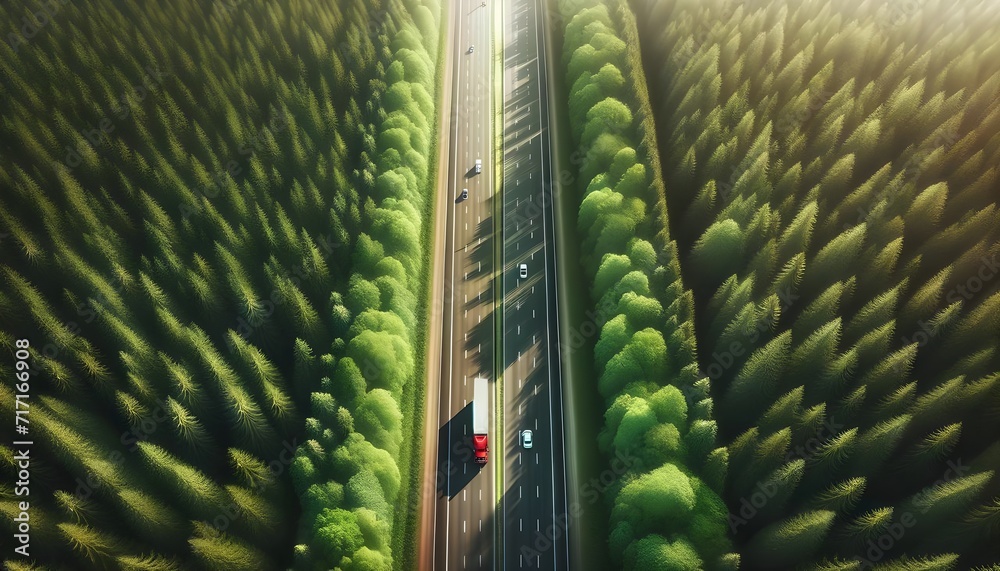 The image captures an aerial view of a highway cutting straight through ...