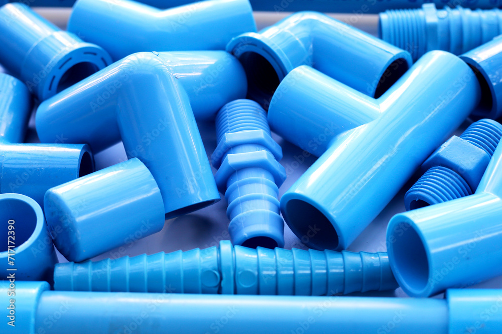 Blue pvc pipe connections for plumbing work. Plumber equipment Stock ...
