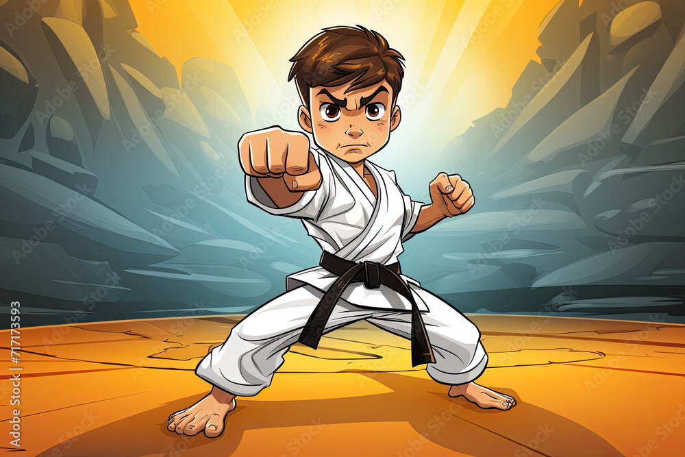 Cartoon Young Martial Artist in Challenge Stance: Boy Poised for ...