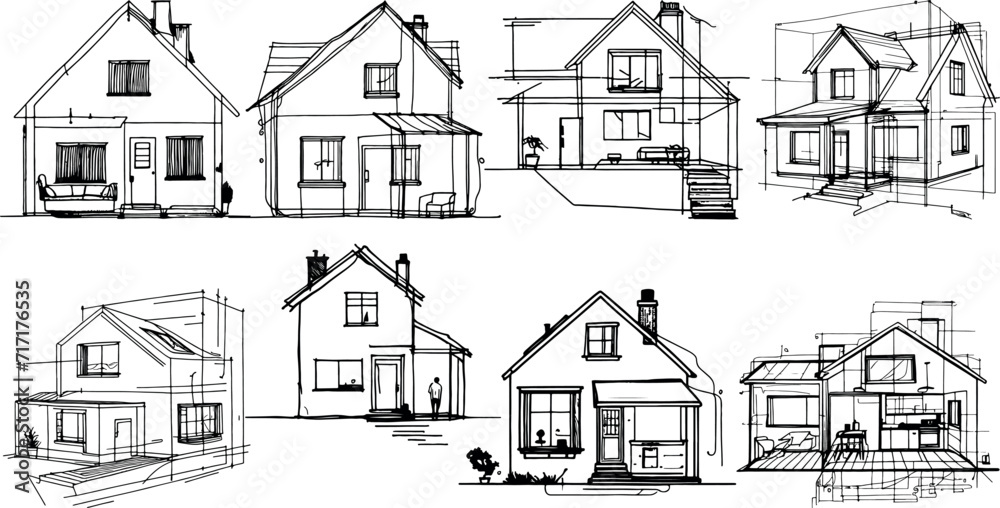 Minimalist house sketch drawing. Family house in continuous line art ...