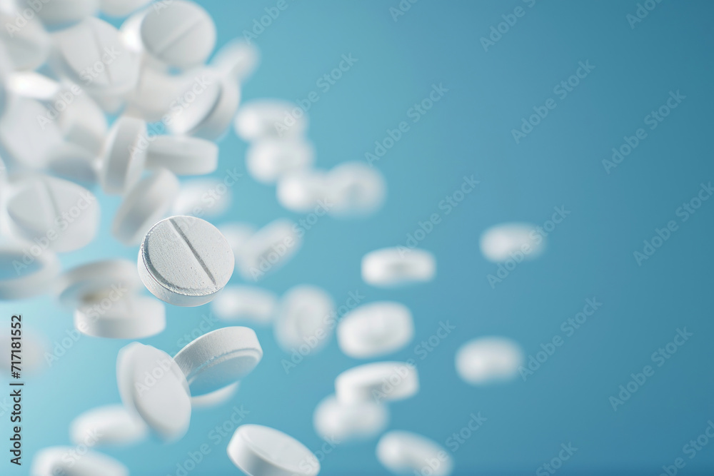 The image displays a dynamic scene of white, round tablets suspended in ...