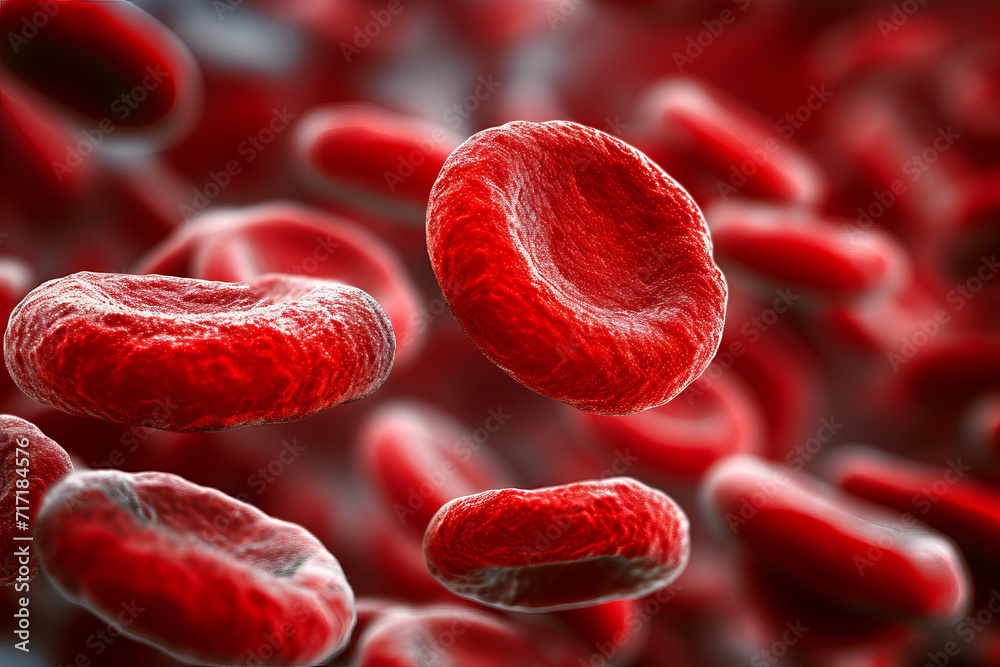 The image showcases a close-up, highly detailed view of red blood cells ...