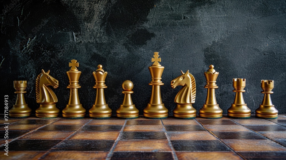 The set of golden chess pieces element is on the chalkboard.chess board ...