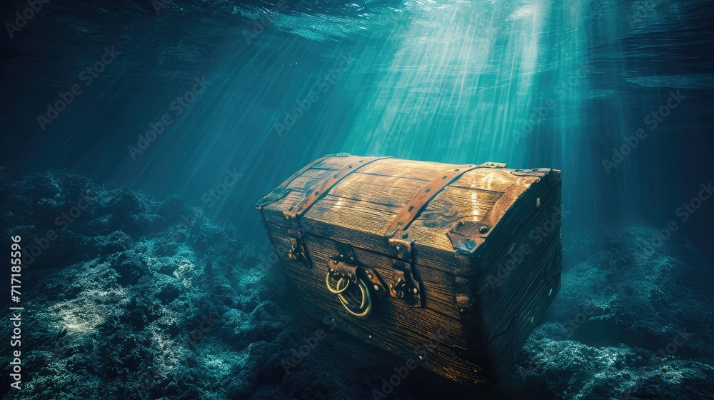wooden treasure chest submerged underwater with light rays Stock Photo ...