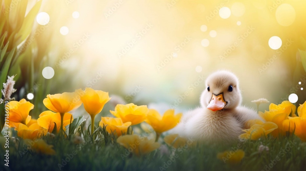 Cute duckling on flower meadow against blurred sunny background. Banner ...