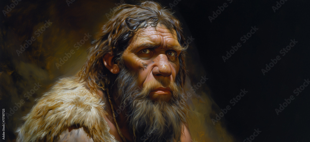 Poster, Foto Portrait of neanderthal prehistoric caveman, Mikolaj ...