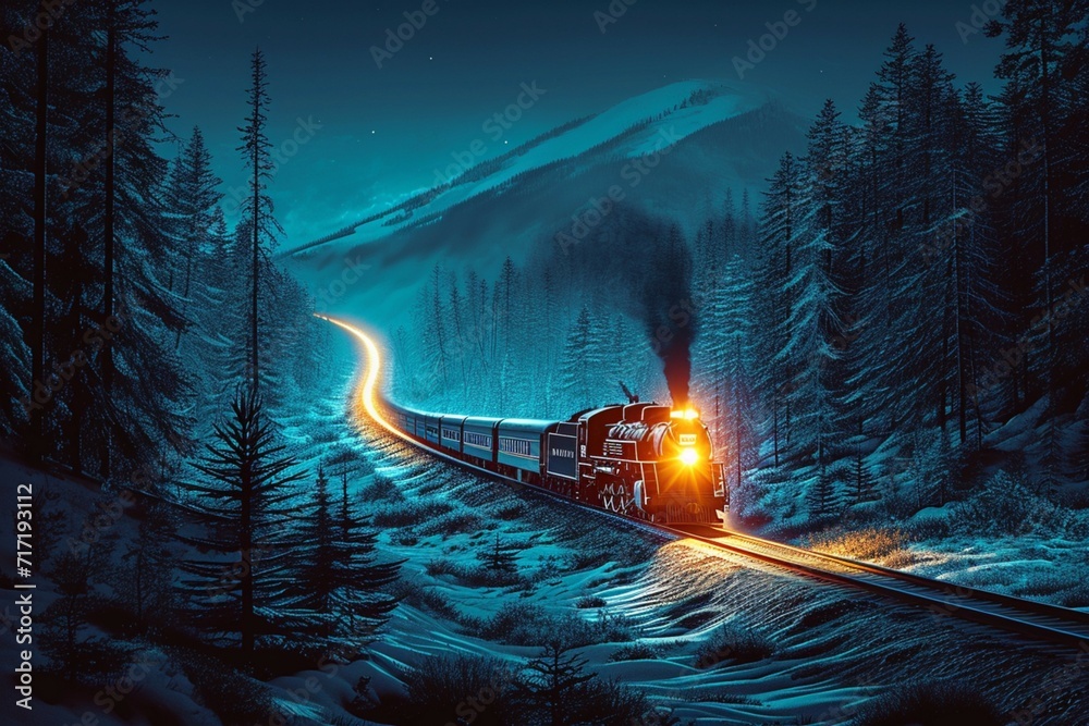 Illustrated travel Train illuminates the night with dynamic headlight ...