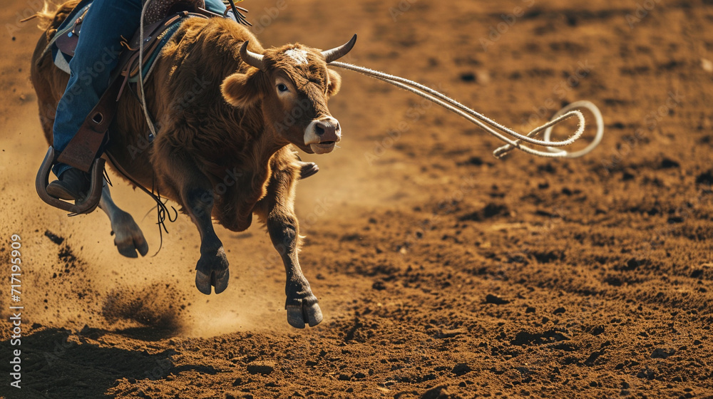 A close-up of a determined rodeo calf roper swiftly lassoing a calf ...