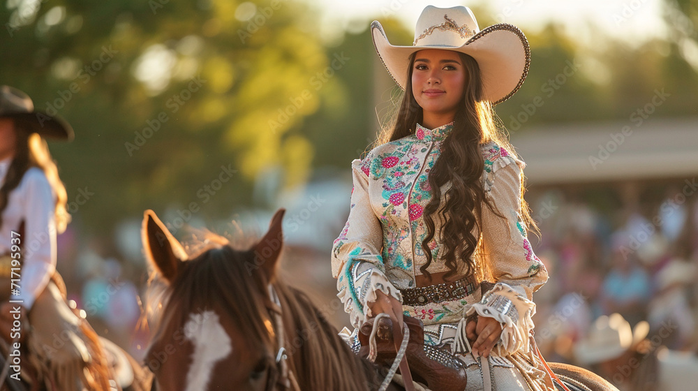 A rodeo queen elegantly participating in the grand entry, riding atop a ...