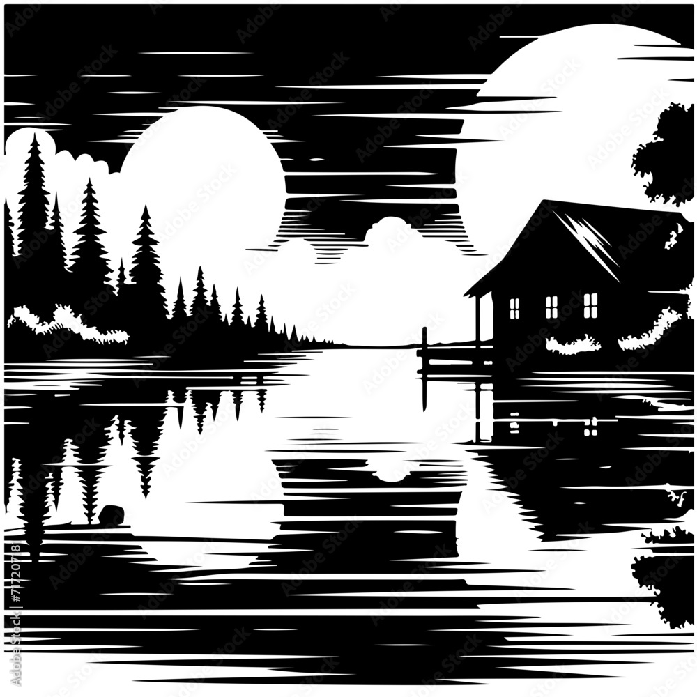 Lake at night with the mysterious reflection of an old boathouse Vector ...