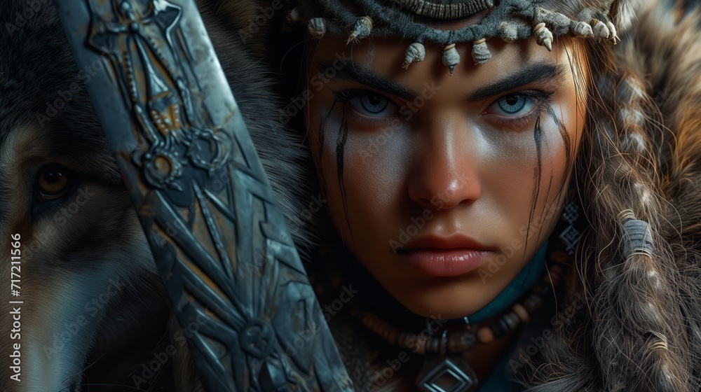 Valkyrie woman with sword and a wolf on black background, wilderness ...