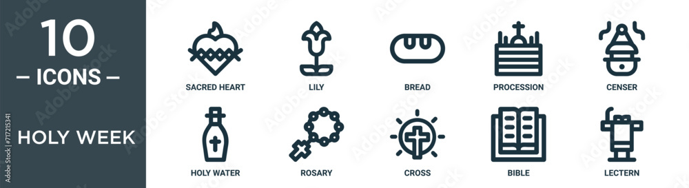 holy week outline icon set includes thin line sacred heart, lily, bread ...