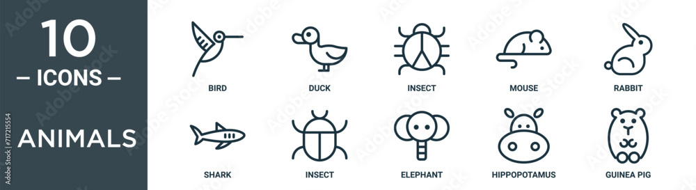 animals outline icon set includes thin line bird, duck, insect, mouse ...