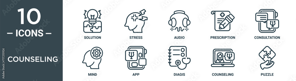 counseling outline icon set includes thin line solution, stress, audio ...
