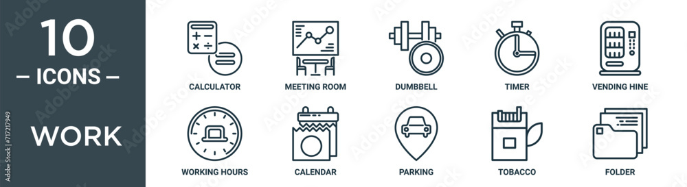 work outline icon set includes thin line calculator, meeting room ...