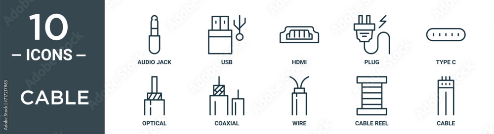 Vecteur Stock cable outline icon set includes thin line audio jack, usb ...