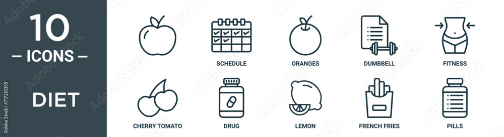 diet outline icon set includes thin line , schedule, oranges, dumbbell ...