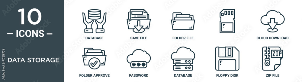 data storage outline icon set includes thin line database, save file ...