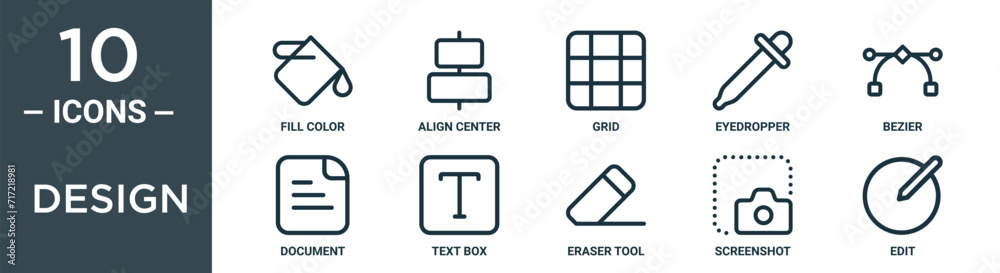 Vetor de design outline icon set includes thin line fill color, align center, grid, eyedropper ...