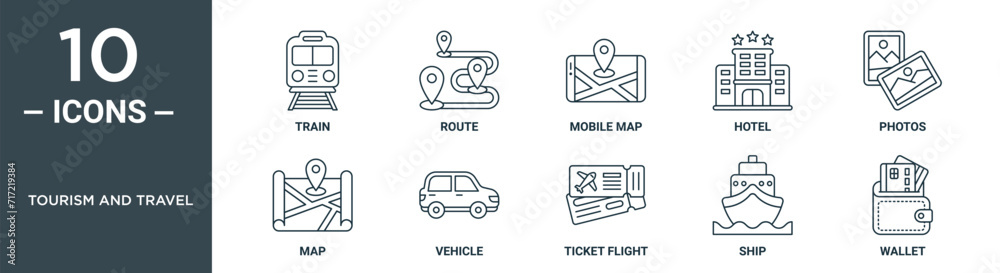 tourism and travel outline icon set includes thin line train, route ...