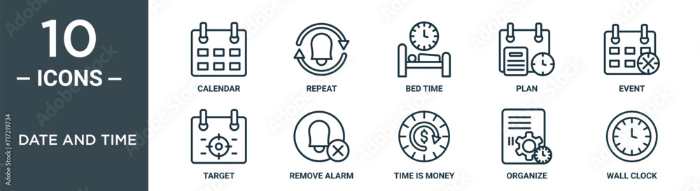 date and time outline icon set includes thin line calendar, repeat, bed ...