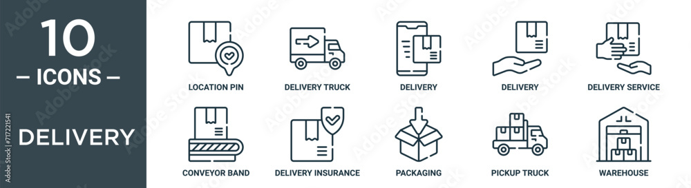 delivery outline icon set includes thin line location pin, delivery ...