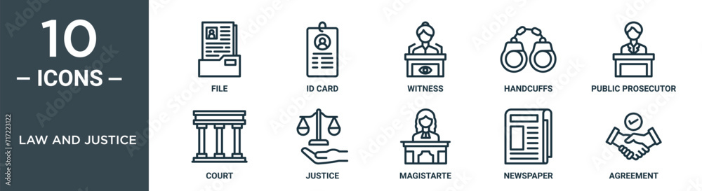 law and justice outline icon set includes thin line file, id card ...