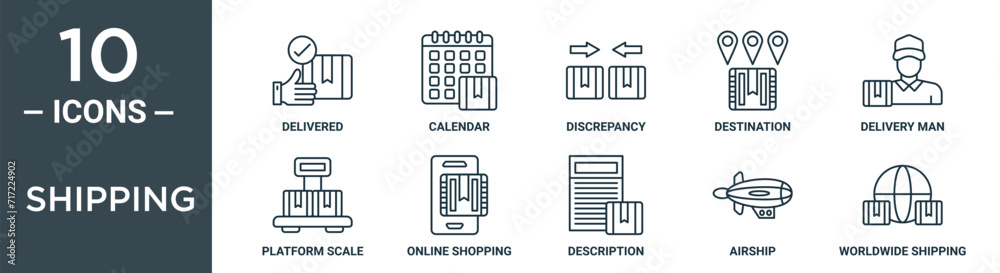 shipping outline icon set includes thin line delivered, calendar ...