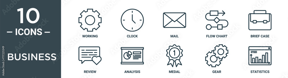 Vetor de business outline icon set includes thin line working, clock, mail, flow chart, brief ...