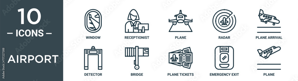 airport outline icon set includes thin line window, receptionist, plane ...