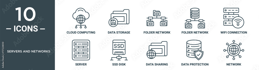 servers and networks outline icon set includes thin line cloud computing, data storage, folder ...