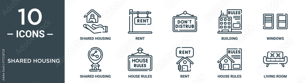 shared housing outline icon set includes thin line shared housing, rent ...