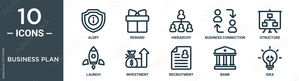 business plan outline icon set includes thin line alert, reward ...