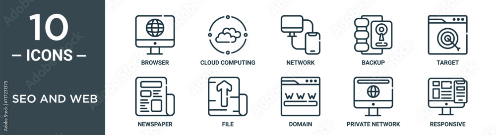 seo and web outline icon set includes thin line browser, cloud computing, network, backup ...
