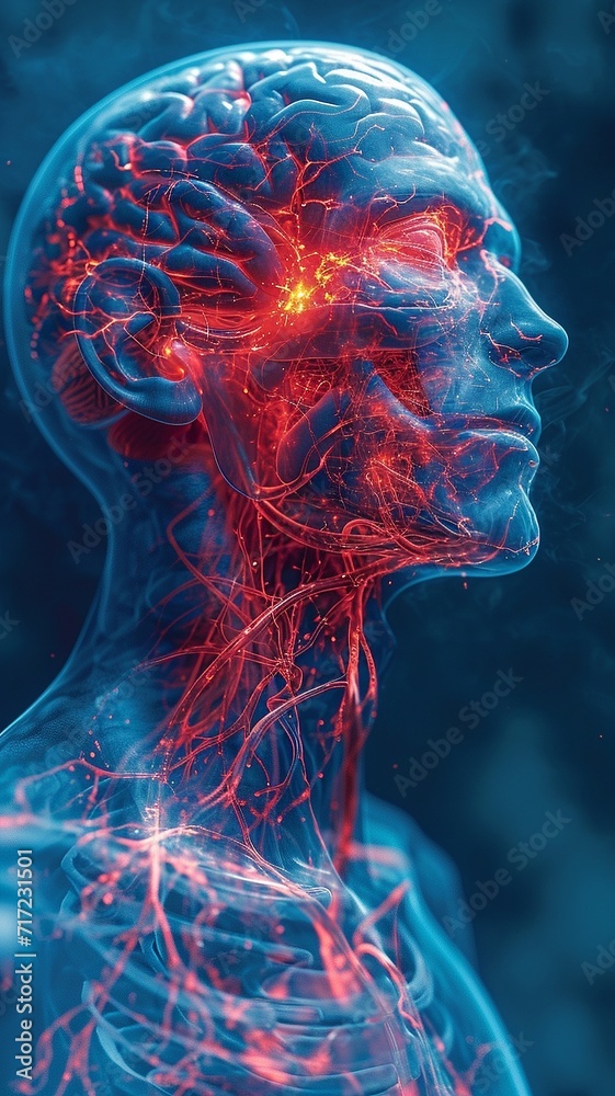 Semi transparent view of a human head, detailing the brain and vascular ...