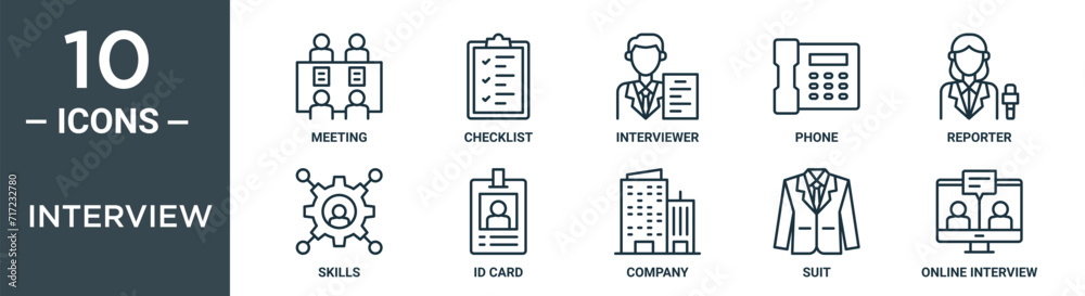 interview outline icon set includes thin line meeting, checklist ...