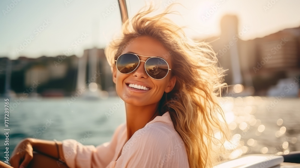 beautiful young cheerful woman on a yacht in the sea, sailing ship ...